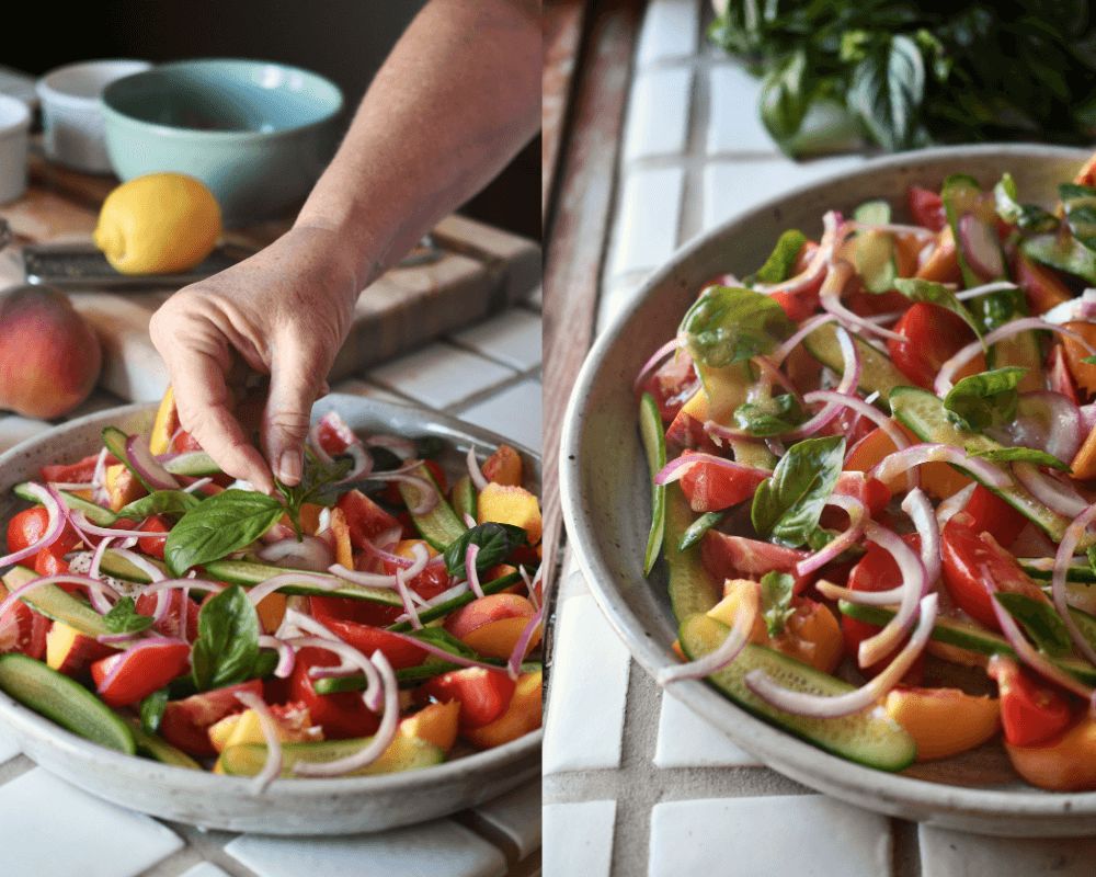 Summer Salad of Zee Lady Peaches, Tomatoes, Cucumbers, and Whipped Goa ...